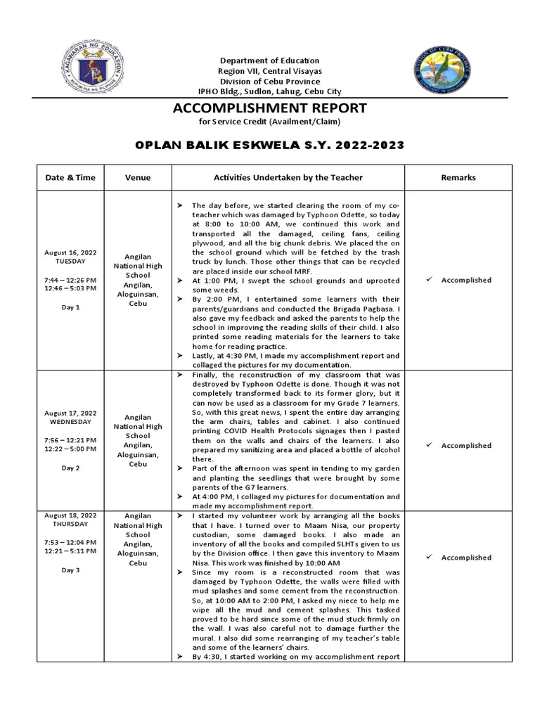 Oplan Balik Eskwela Accomplishment Report | PDF