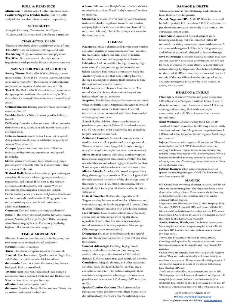 Whitehack 3e Rule Summary | PDF