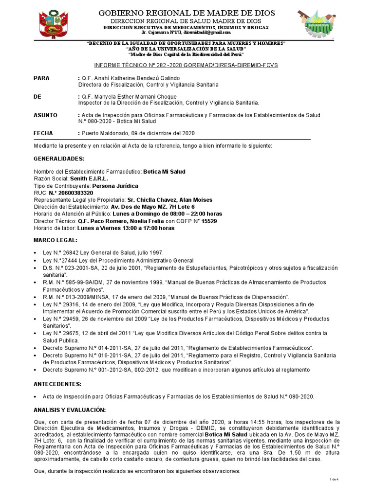 Informe Técnico #282 - 2020 Botica Mi Salud (Reg. Neg.) | PDF ...