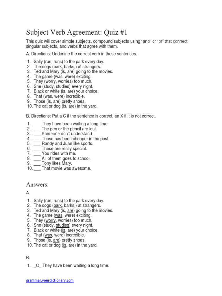 Subject -Verb Agreement -Quiz | PDF | Grammatical Number | Language ...