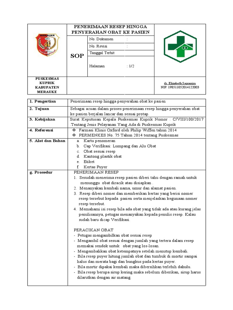 Sop Penerimaan Resep Hingga Penyerahan Obat Ke Pasien | PDF