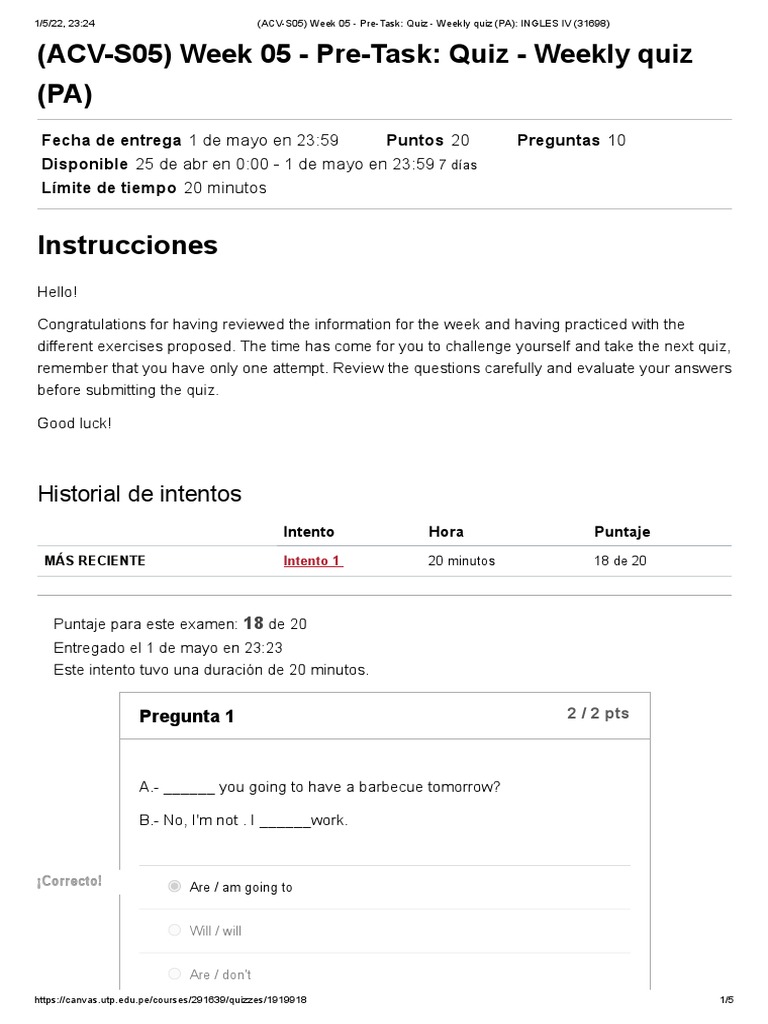 (ACV-S05) Week 05 - Pre-Task - Quiz - Weekly Quiz (PA) - INGLES IV ...