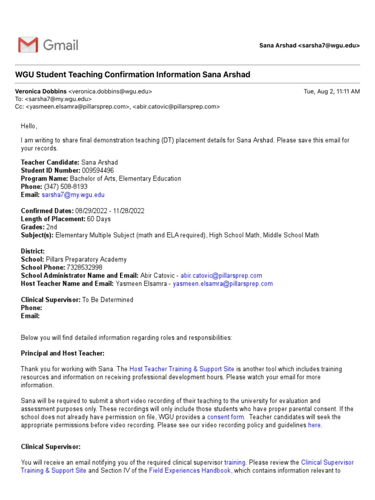 WGU Student Teaching Confirmation Information Sana Arshad | PDF ...
