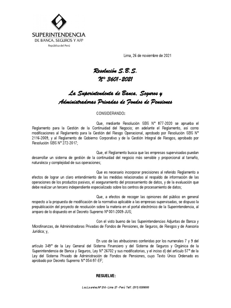 Resolución S.B.S. #3601-2021 La Superintendenta de Banca, Seguros y Administradoras Privadas de ...