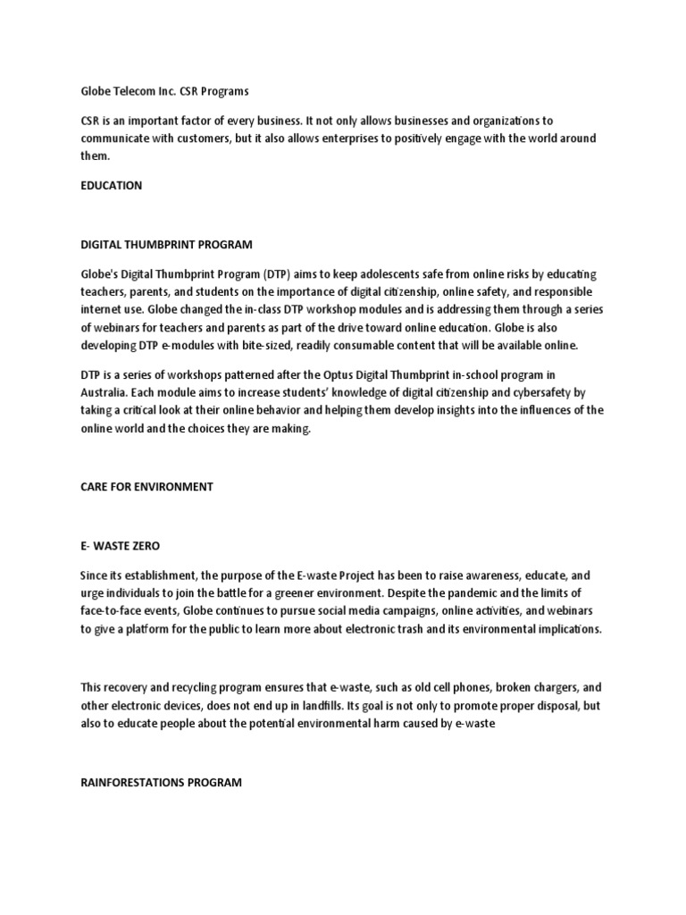 Globe Telecom CSR Initiatives Overview | PDF | Corporate Social ...