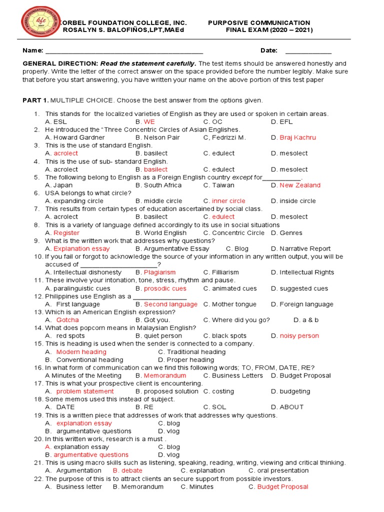 Final Exam Purposive Communication | PDF | English Language | Essays