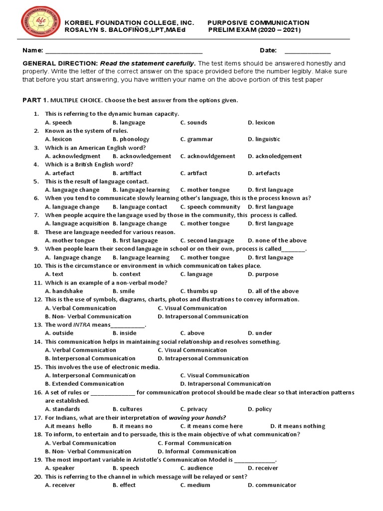 Understanding Purposive Communication: An Analysis of a Preliminary Examination on Linguistics ...