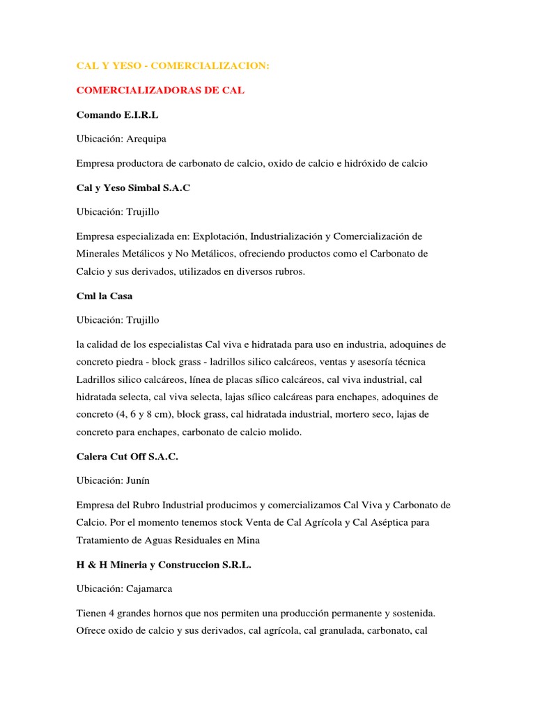 Comercialización de Cal y Yeso en Perú | PDF | Yeso | Hormigón