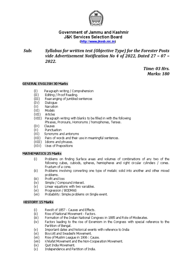 JKSSB Forester Exam Syllabus 2022 | PDF | Metals | Energy Development