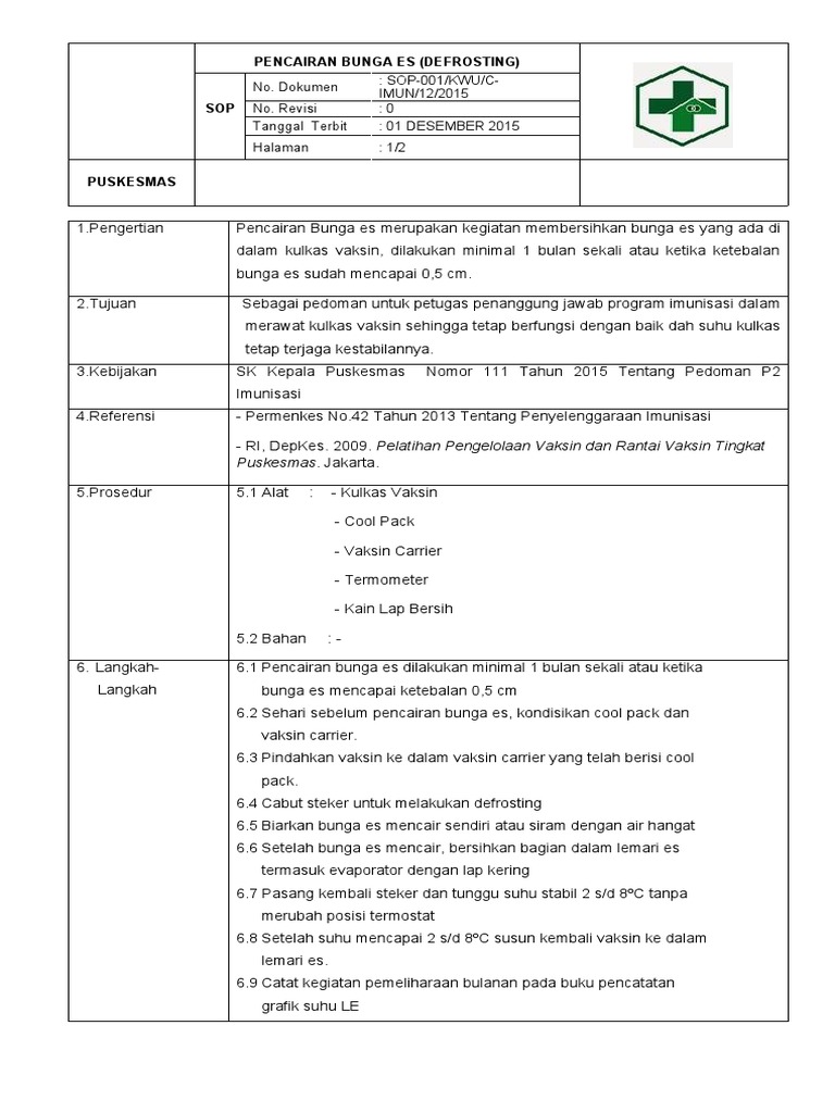 SOP Pencairan Bunga Es Kulkas Vaksin | PDF