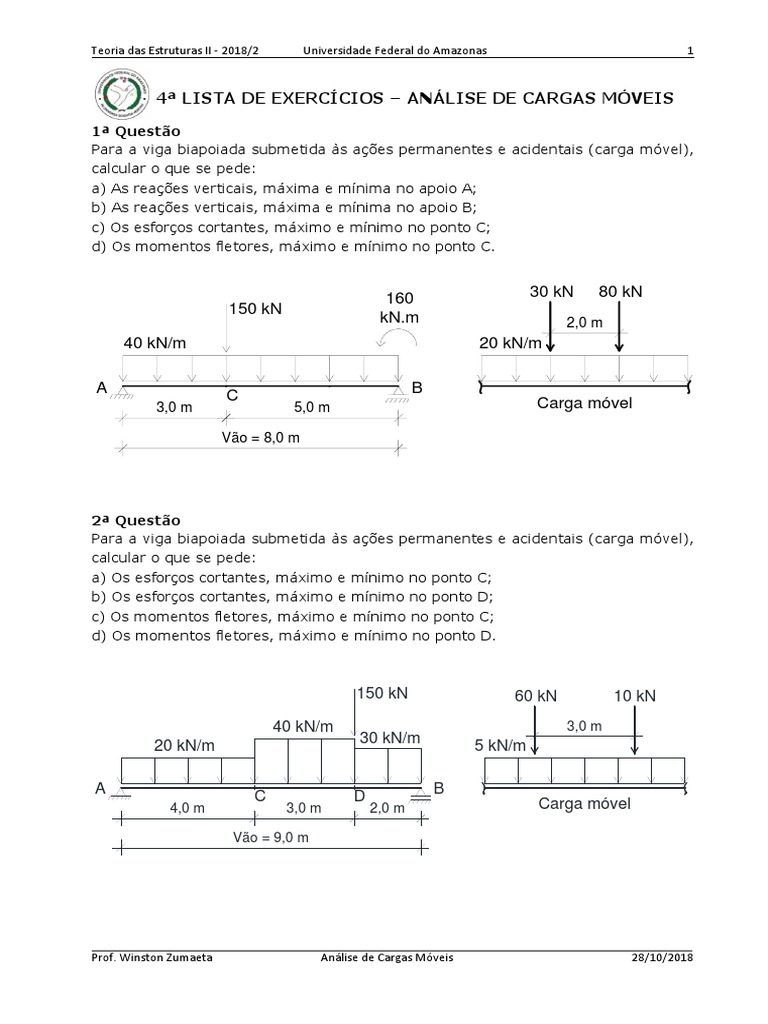Lista de Exercícios - Cargas Móveis | PDF | Engenharia Estrutural ... Lista de Exercícios - Cargas Móveis | PDF | Engenharia Estrutural ...