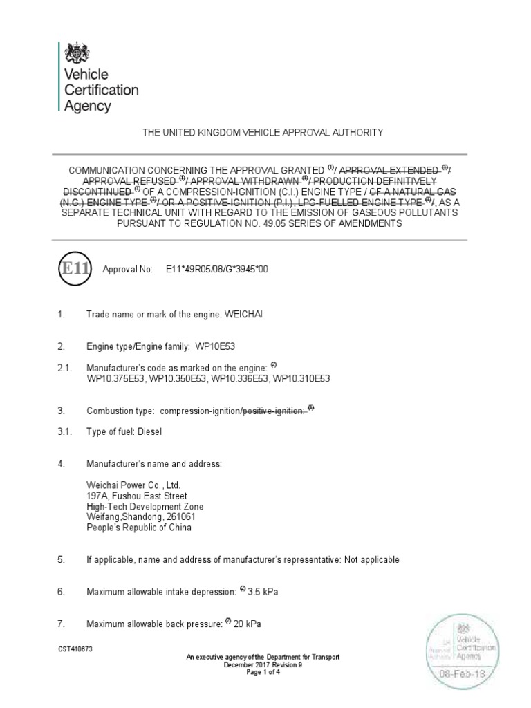 UK Vehicle Approval for Weichai WP10E53 Engine | PDF | Internal ...