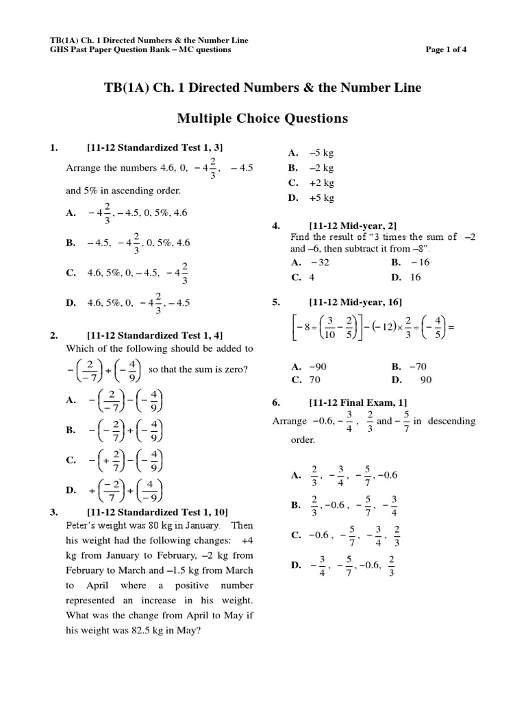 Directed Numbers & Number Line MCQs | PDF