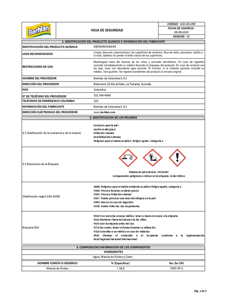 Gid-Od-090 Hoja de Seguridad Desmanchador Remocen v2 | PDF | Agua ...