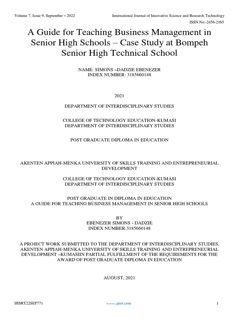 A Guide For Teaching Business Management in Senior High Schools - Case Study at Bompeh Senior ...