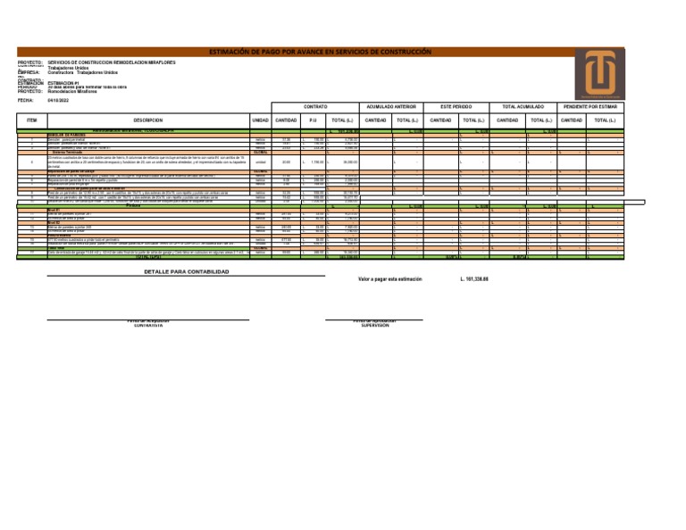 Estimaciones de Obra Constructora Trabajadores Unidos | PDF