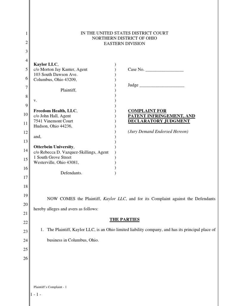 Kaylor LLC vs. Freedom Health Patent Infringement | PDF | Declaratory Judgment | Injunction