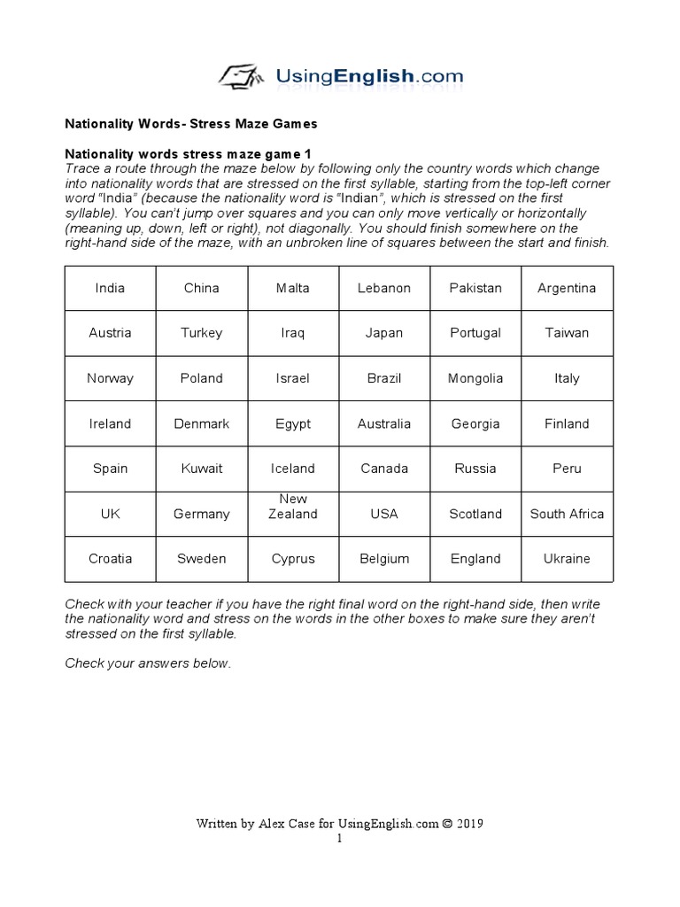 Nationality Words Stress Maze Games | PDF | Stress (Linguistics ...