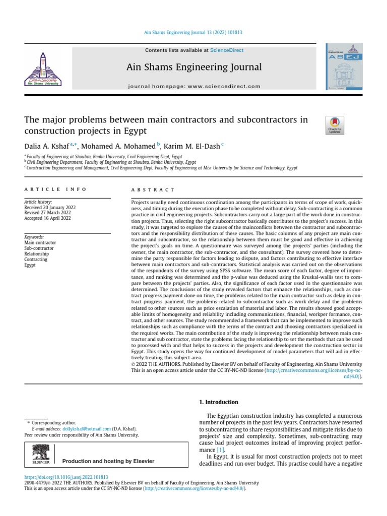 The Major Problems Between Main Contractors and Subcontractors in Egypt ...