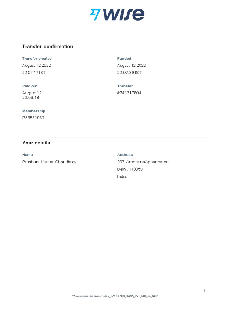 Wise Transaction Invoice Transfer | PDF