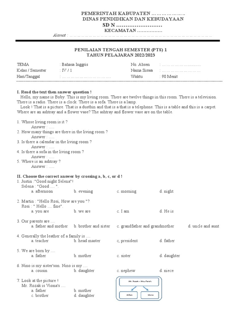 Soal PTS B. Inggris Kelas 4 Sem 1 | PDF