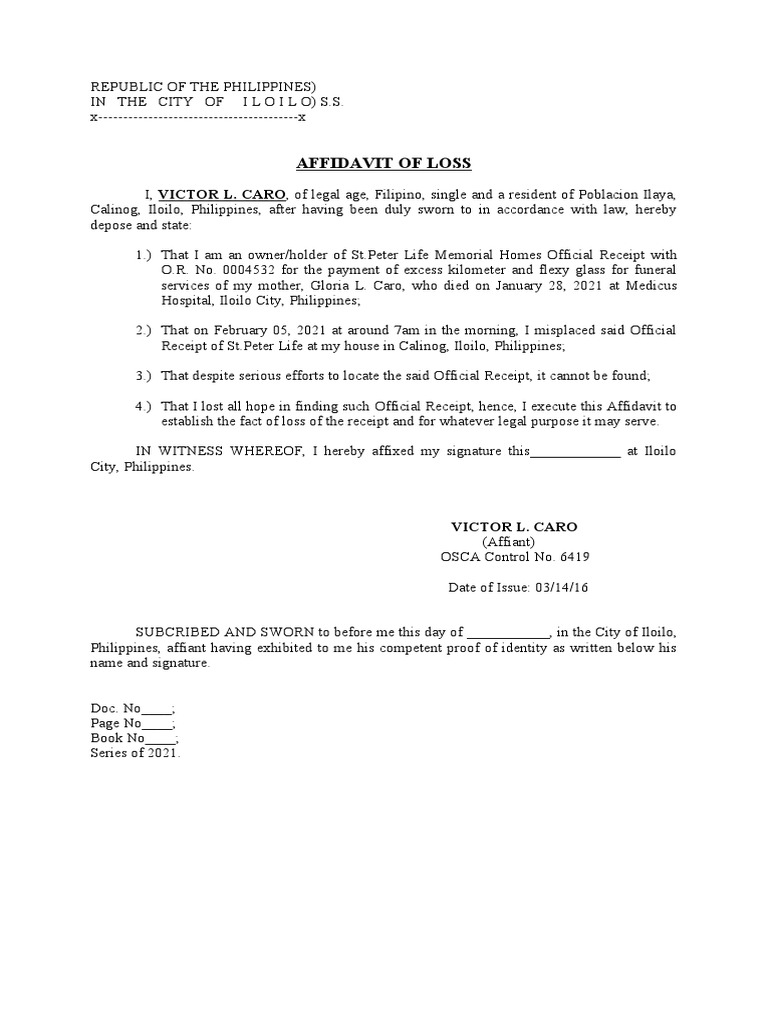 Affidavit of Loss - VICTOR L. CARO | PDF