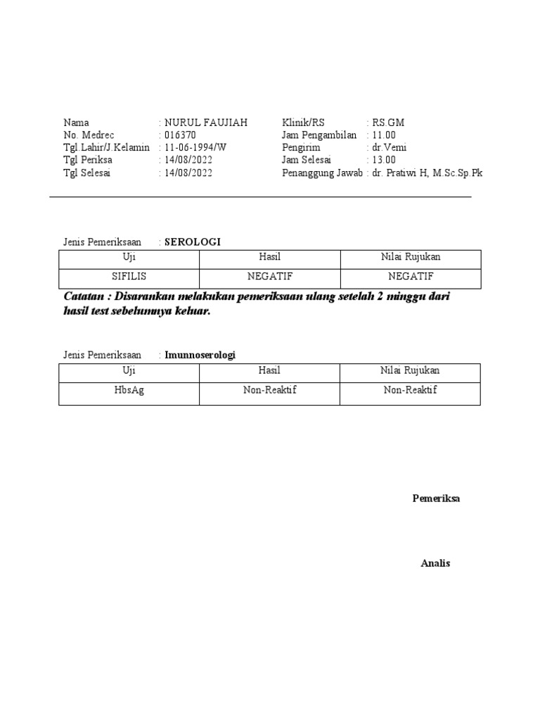 Hasil Sifilis, HBs Dan TPHA VDRL | PDF