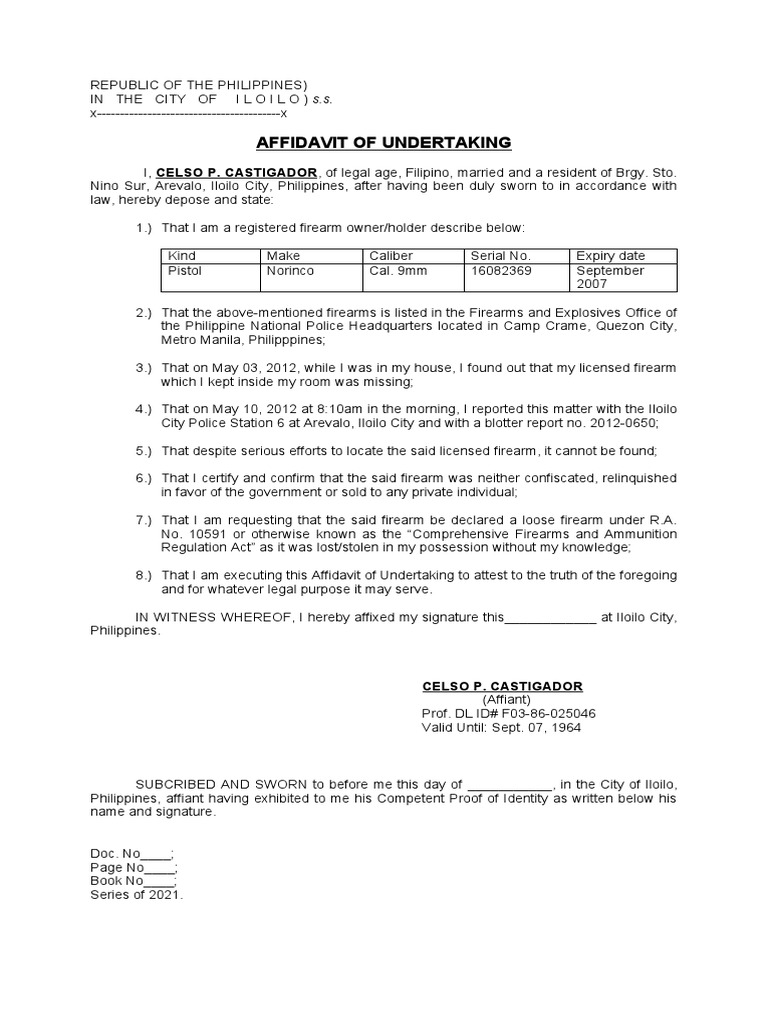 Affidavit of Undertaking - Loose Firearm | PDF