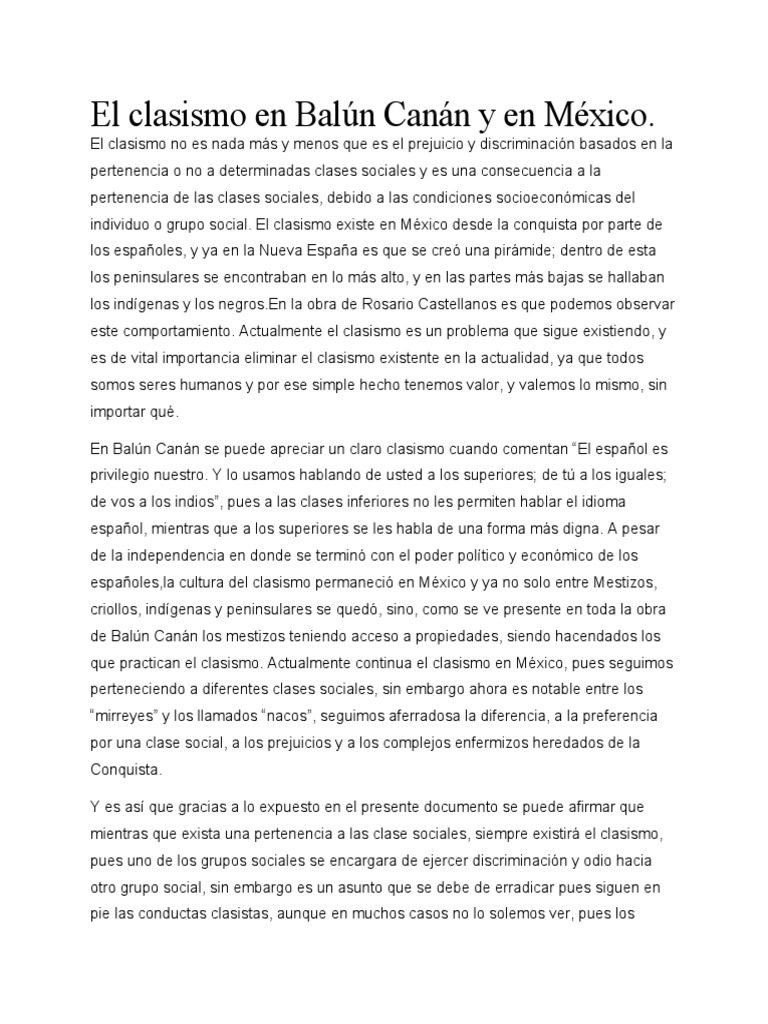 El Clasismo en Balún Canán y en México | PDF | México | Discriminación