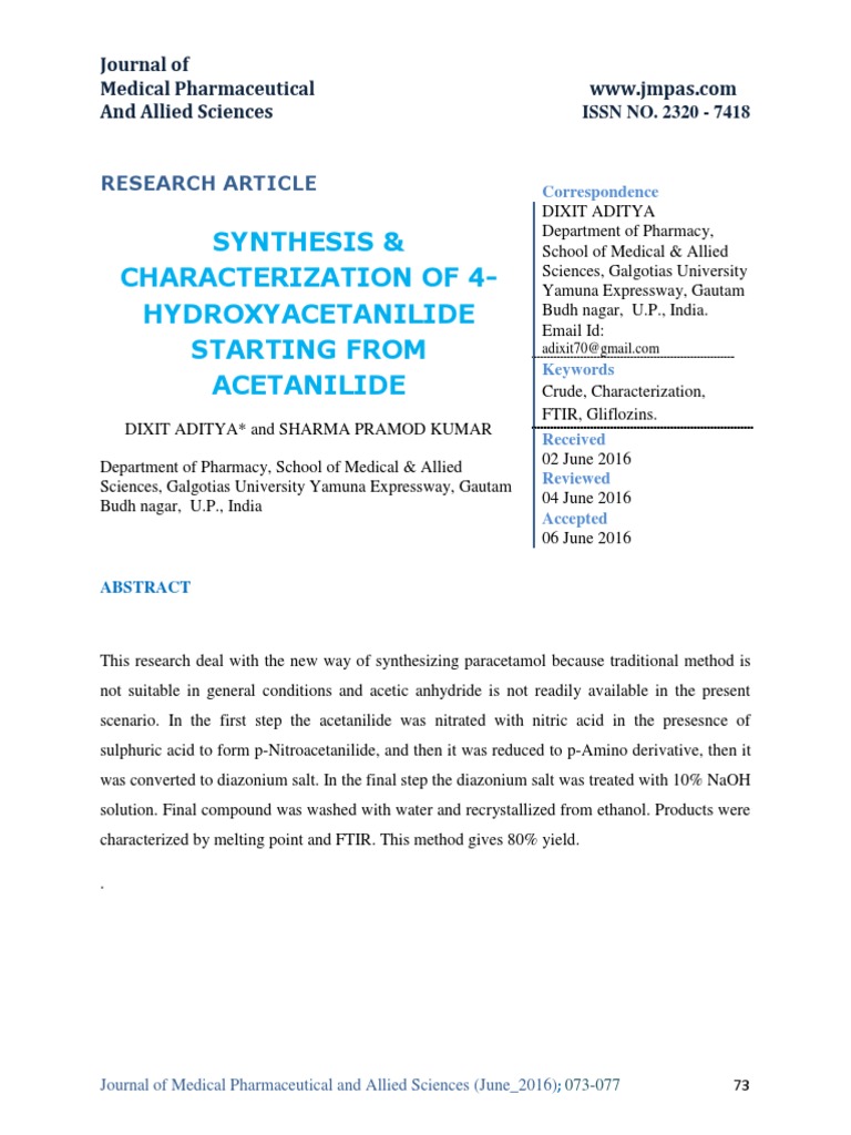 Synthesis and Characterization of 4-Hydroxyacetanilide Starting from ...