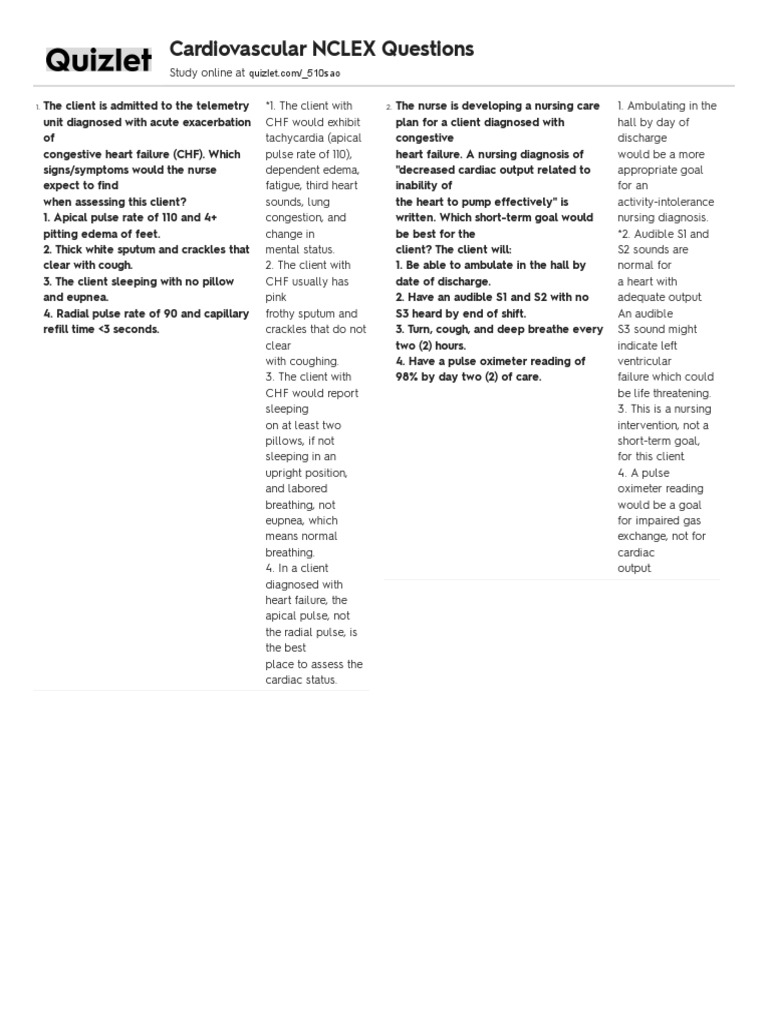 Cardiovascular NCLEX Questions | PDF | Myocardial Infarction | Heart ...