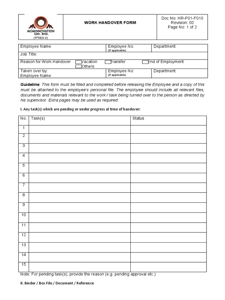 HR-P01-F010 Work Handover Form | PDF | Business