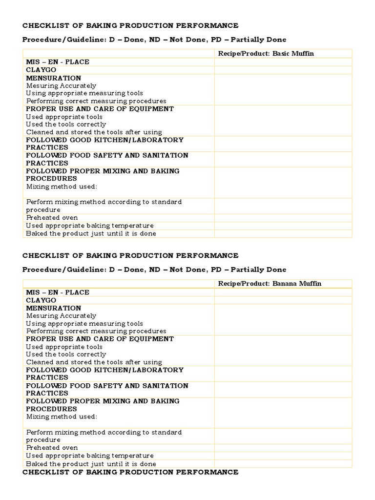 Checklist of Baking Production Performance | PDF | Baking | Measurement