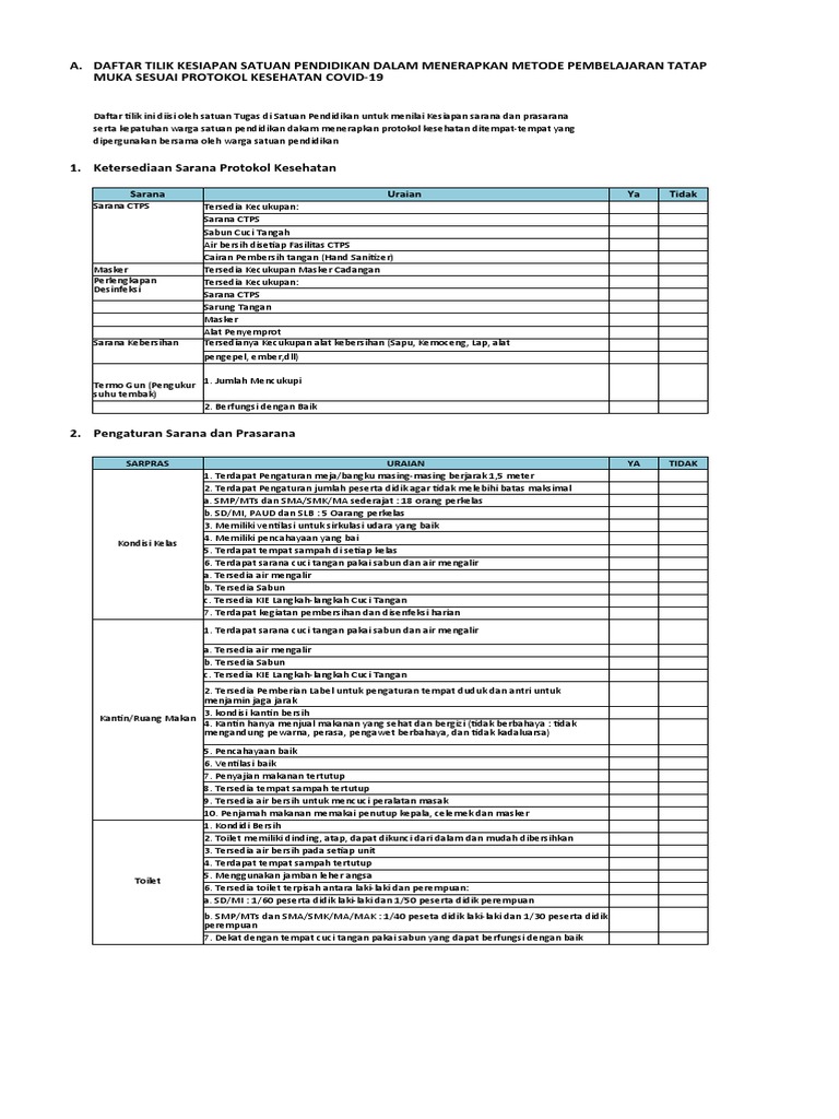 Daftar Tilik Pengawasan Dan Pembinaan Prokes Satuan Pendidikan | PDF ...