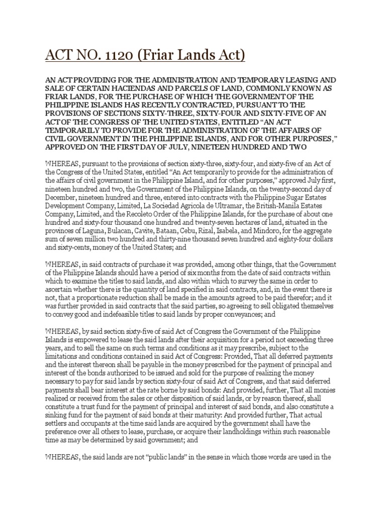 Friar Lands Act No 1120 | PDF | Lease | Deed
