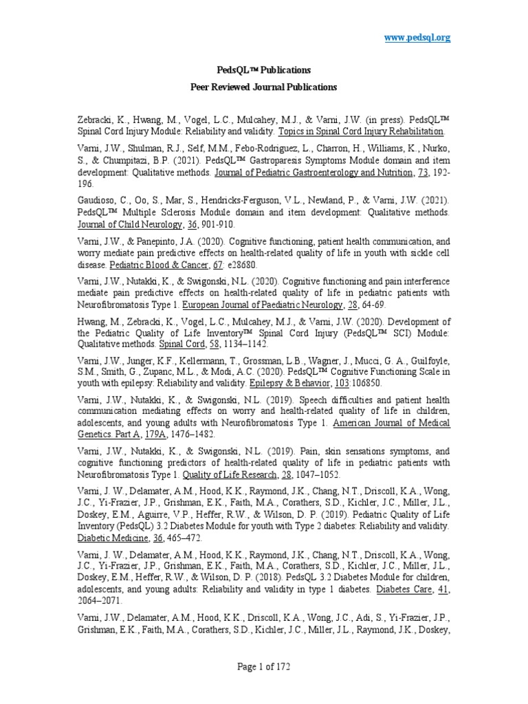 PedsQL Publications | PDF | Pediatrics | Mental Disorder