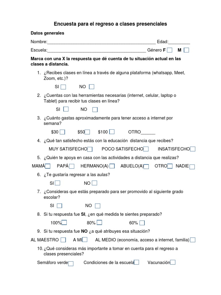 Encuesta para El Regreso A Clases Presenciales | PDF