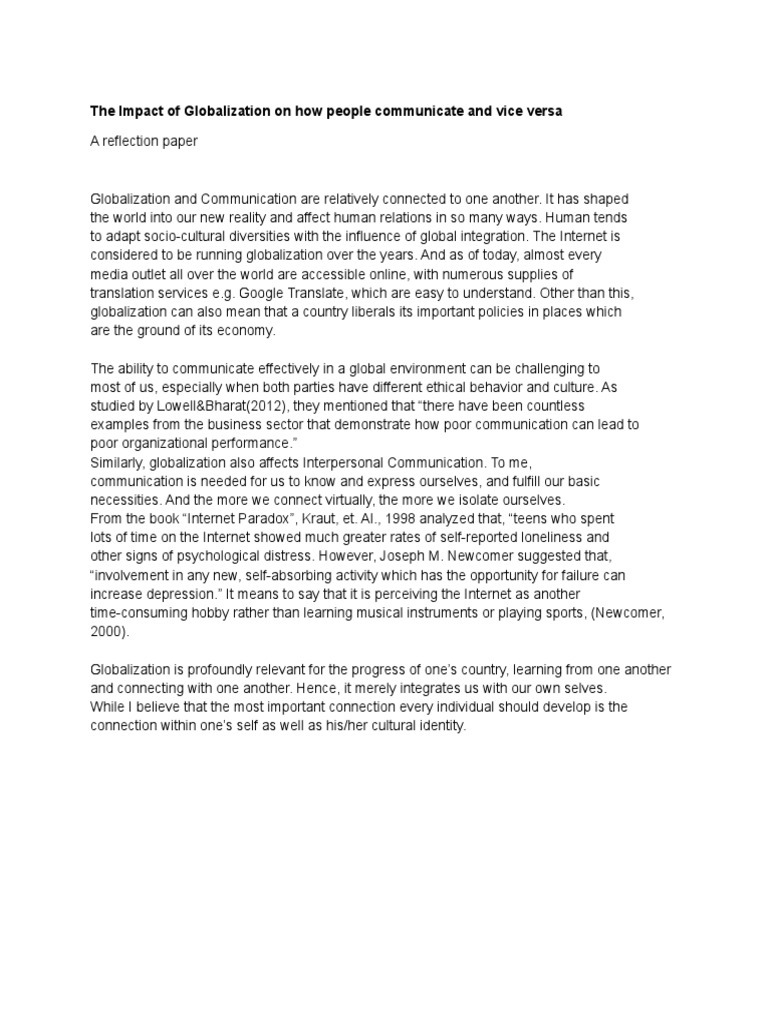 Reflection Paper On The Impact of Globalization On How People ...