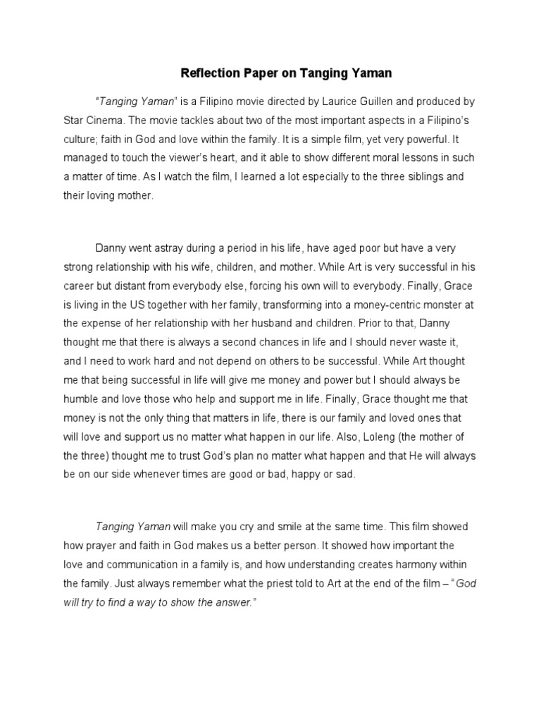 Reflection Paper On Tanging Yaman | PDF