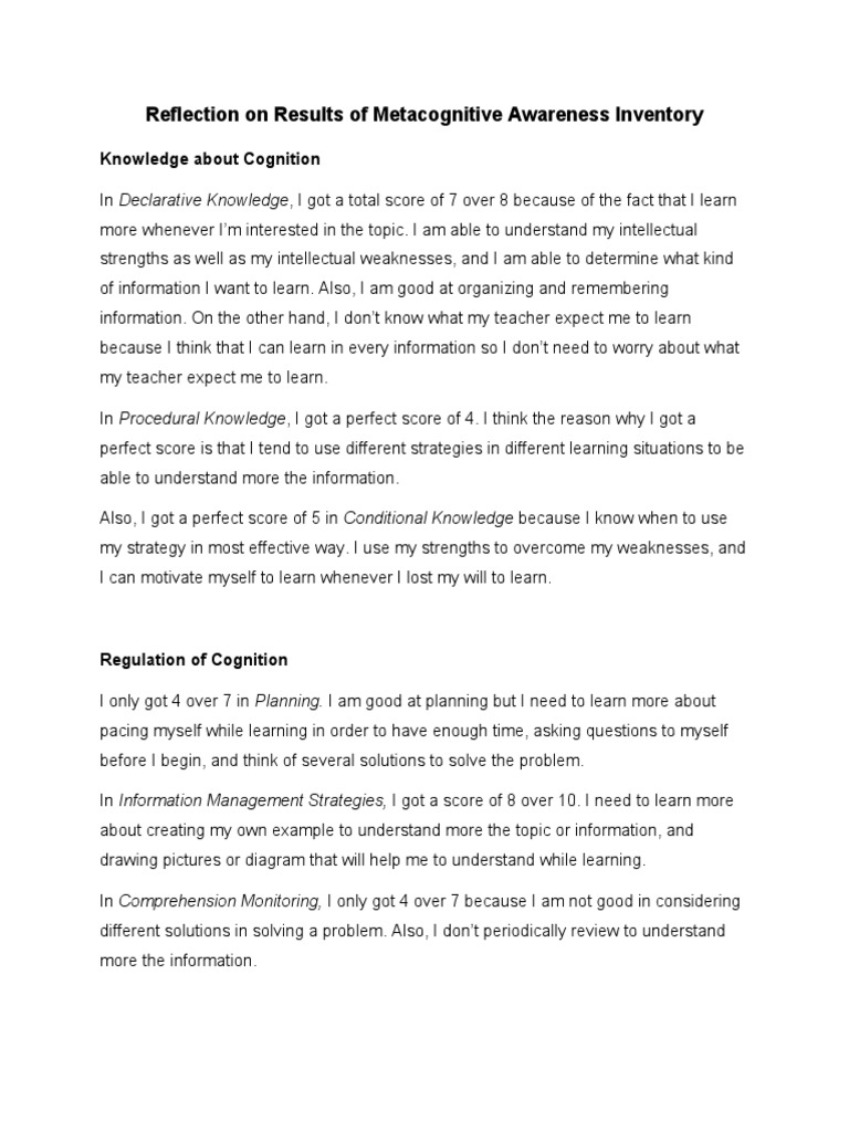 Reflection On Results of Metacognitive Awareness Inventory | PDF