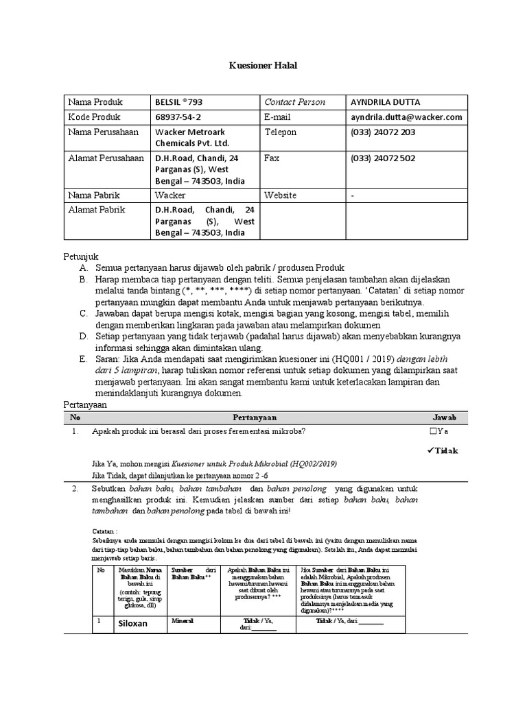 Kuesioner Halal BELSIL 793 | PDF