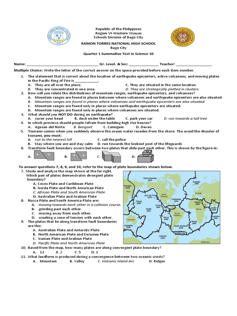 1st Quarter Grade 10 Summative Test With Answers | PDF | Plate ...