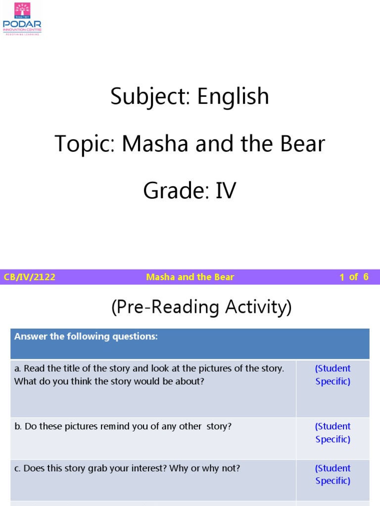 CBSE IV Eng Masha and The Bear | PDF