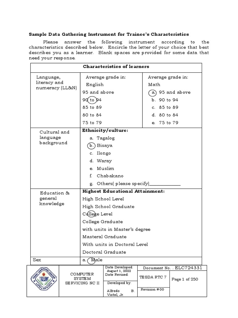Sample Data Gathering Instrument For Trainee | PDF Sample Data Gathering Instrument For Trainee | PDF