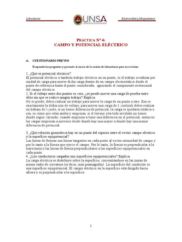 Cuestionario Previo - 4 Campo y Potencial Eléctrico | PDF