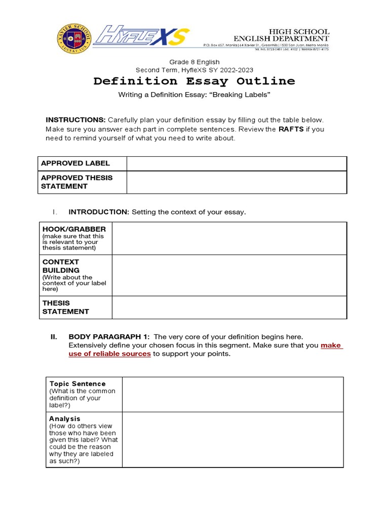 G8 Definition Essay Outlining Worksheet SY 2022 23 | PDF | Essays | Human Communication