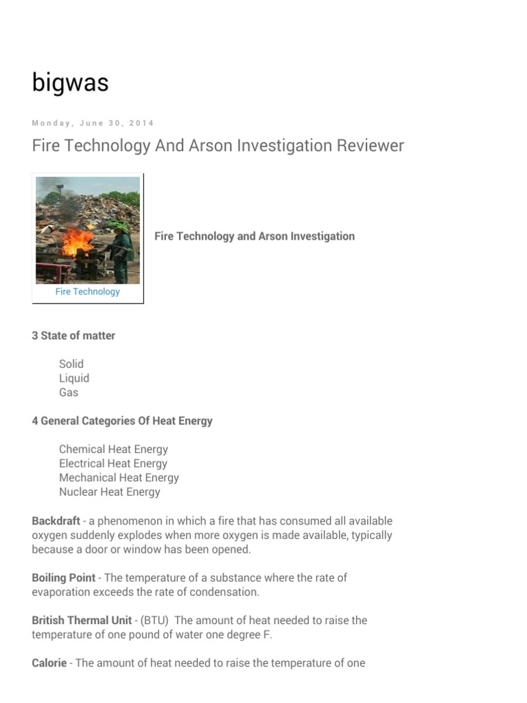 Bigwas Fire Technology and Arson Investigation Reviewer | PDF | Fires | Combustion