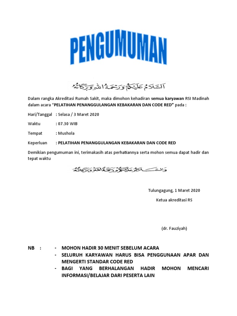 Surat Undangan Pelatihan Penanggulangan Kebakaran Dan Code Red | PDF