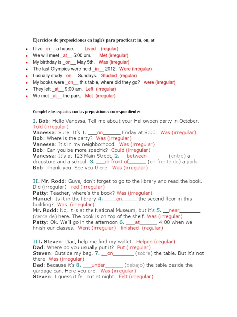 Respuestas Ejercicios de Preposiciones en Inglés | PDF