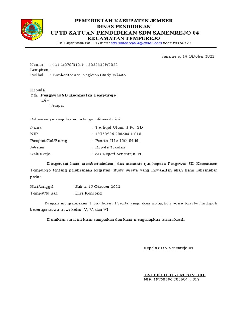 Surat Pemberitahuan Study Wisata | PDF